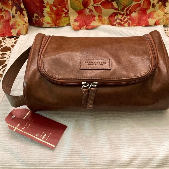 Perry Ellis | Bags | Perry Ellis Leather Mens Bag Brown Zip Netted ...